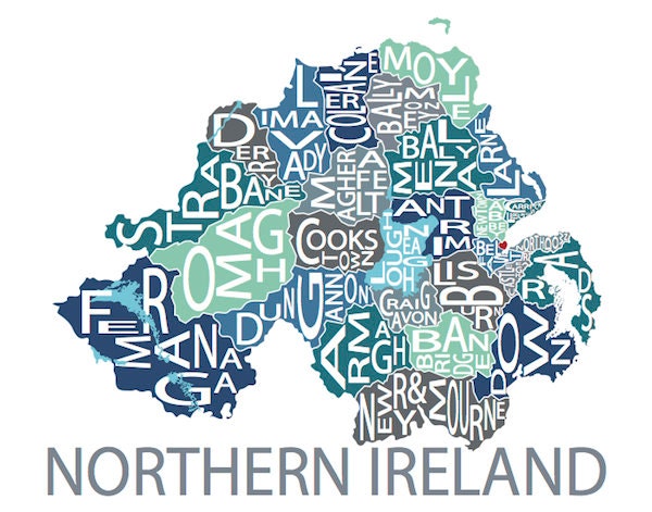 Typographic Map of Northern Ireland | Irish Map | Country Map Print ...