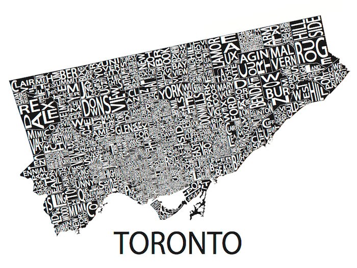 Typographic Map of Toronto, Ontario | City Map Print | Neighbourhood ...