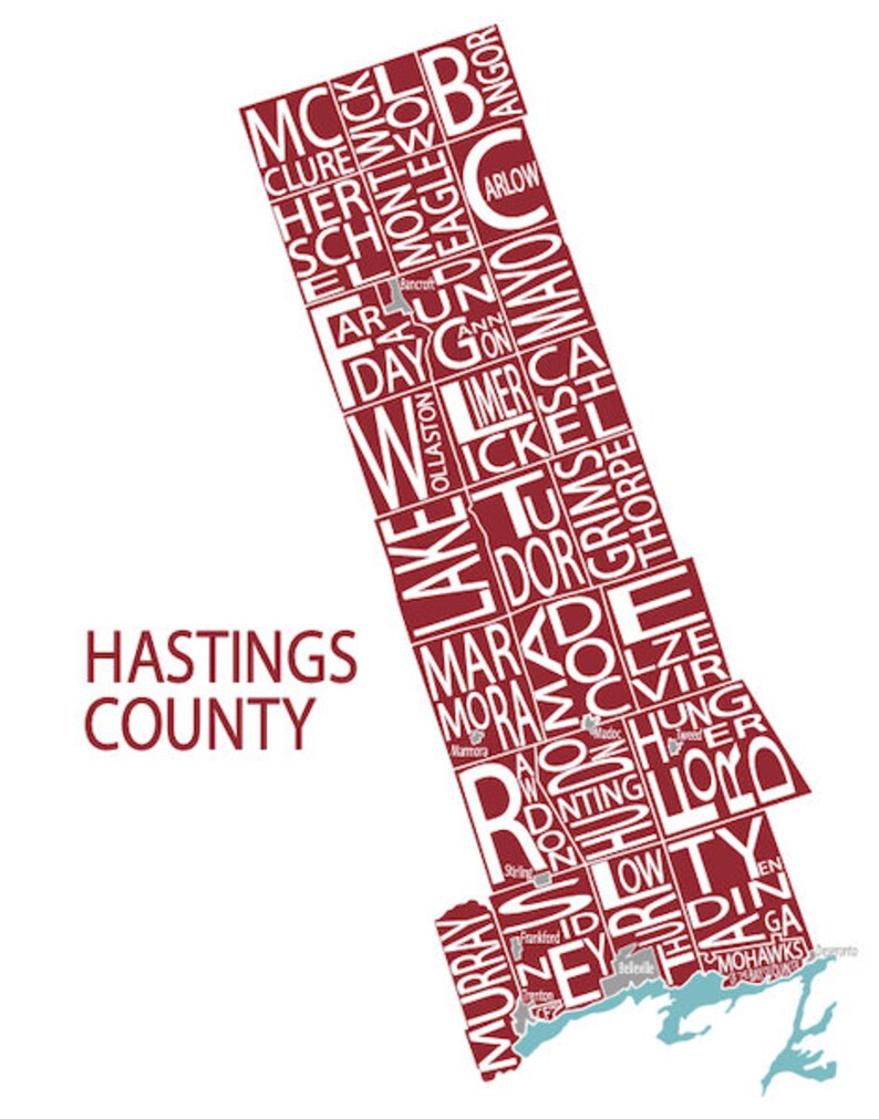 Typographic Map of Hastings County Ontario County Map Print - Etsy