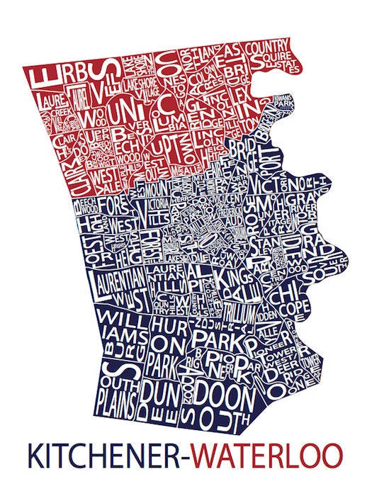 Typographic Map of Kitchener Waterloo, Ontario | KW City Map Print ...