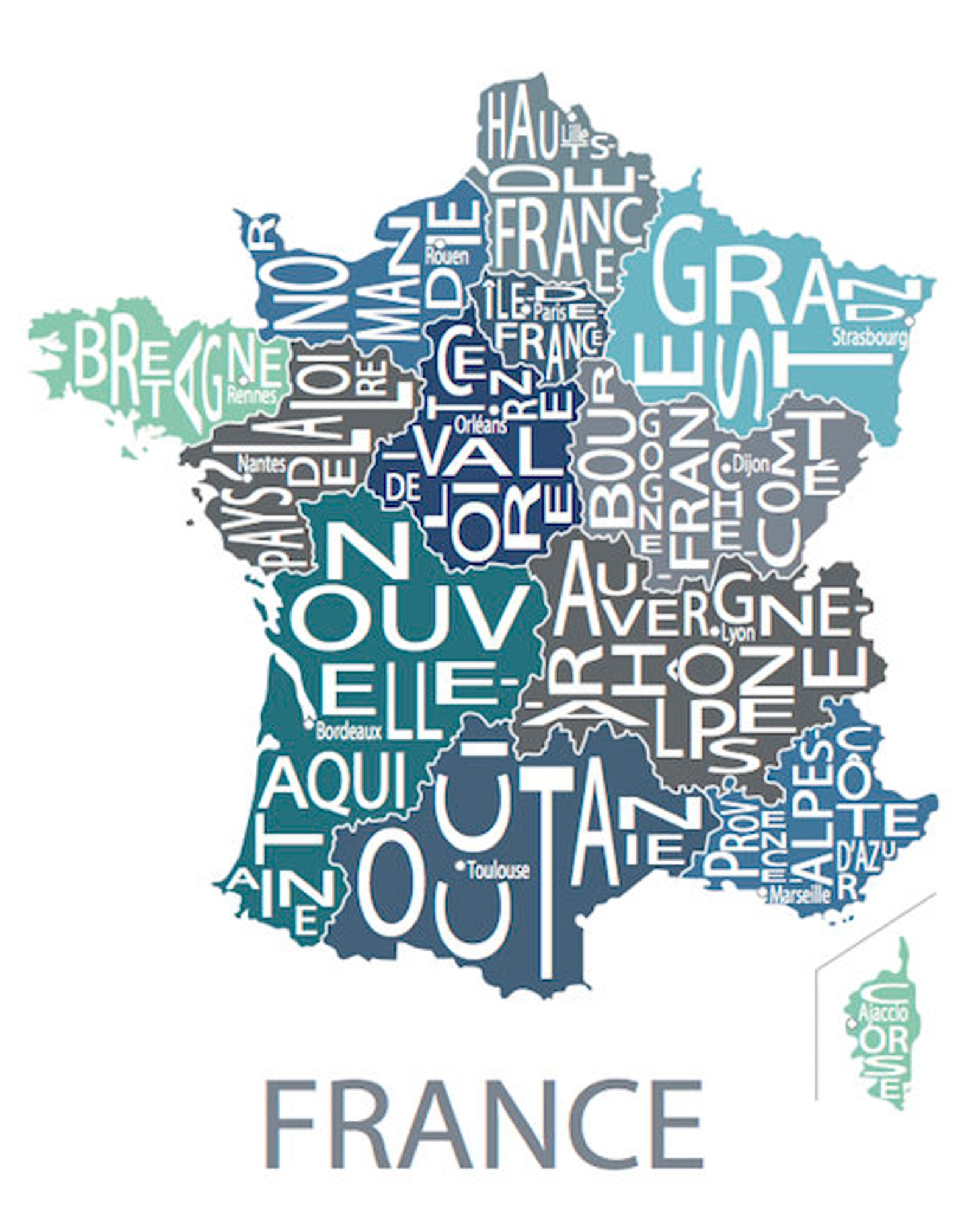 Typographic Map of France | Regions of France With Capitals | French ...