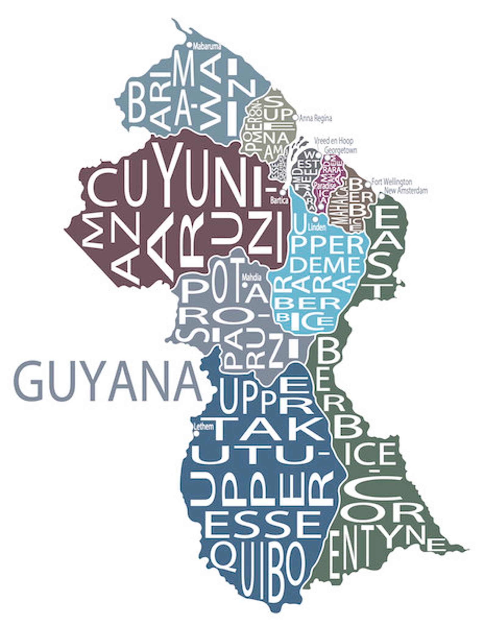 Typographic Map of Guyana, South America | Guyanese Regional Map ...