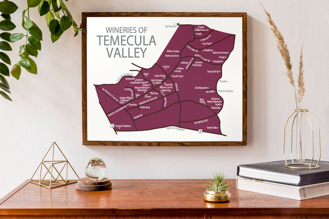 Typographic Map of Temecula Valley, California With Wineries Wineries ...