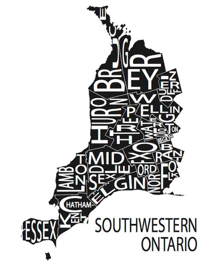 Typographic Map of Southwestern Ontario | Region & County Map | Bruce ...