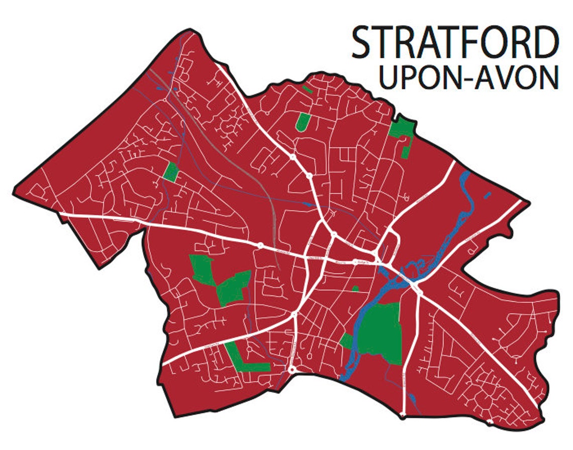 Typographic Map of Stratford-upon-avon in Warwickshire England ...