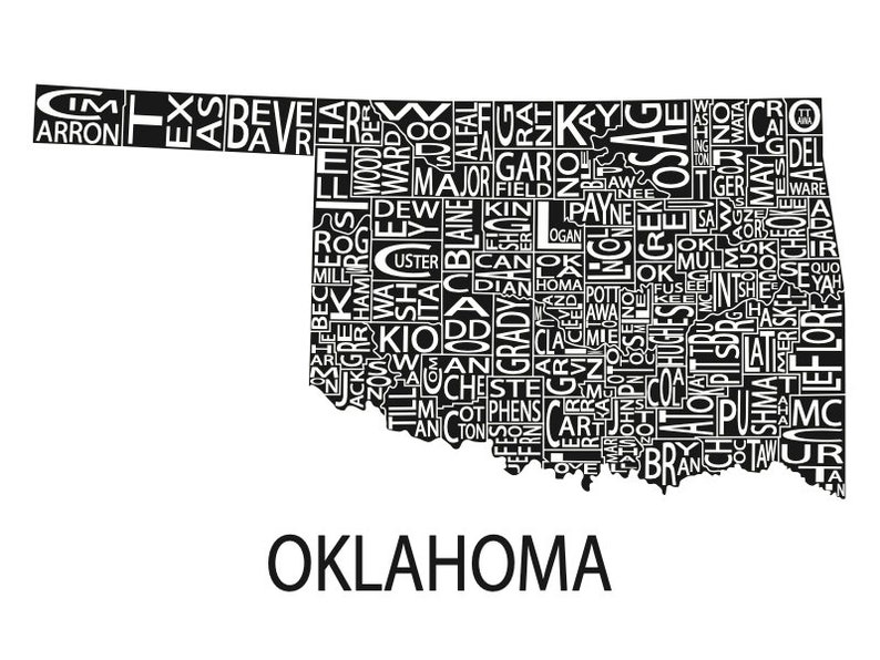 Typographic Map of Oklahoma USA State Map OK Counties Map - Etsy