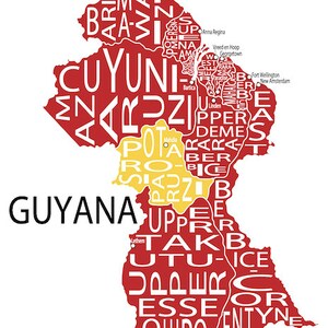 Typographic Map of Guyana, South America | Guyanese Regional Map ...