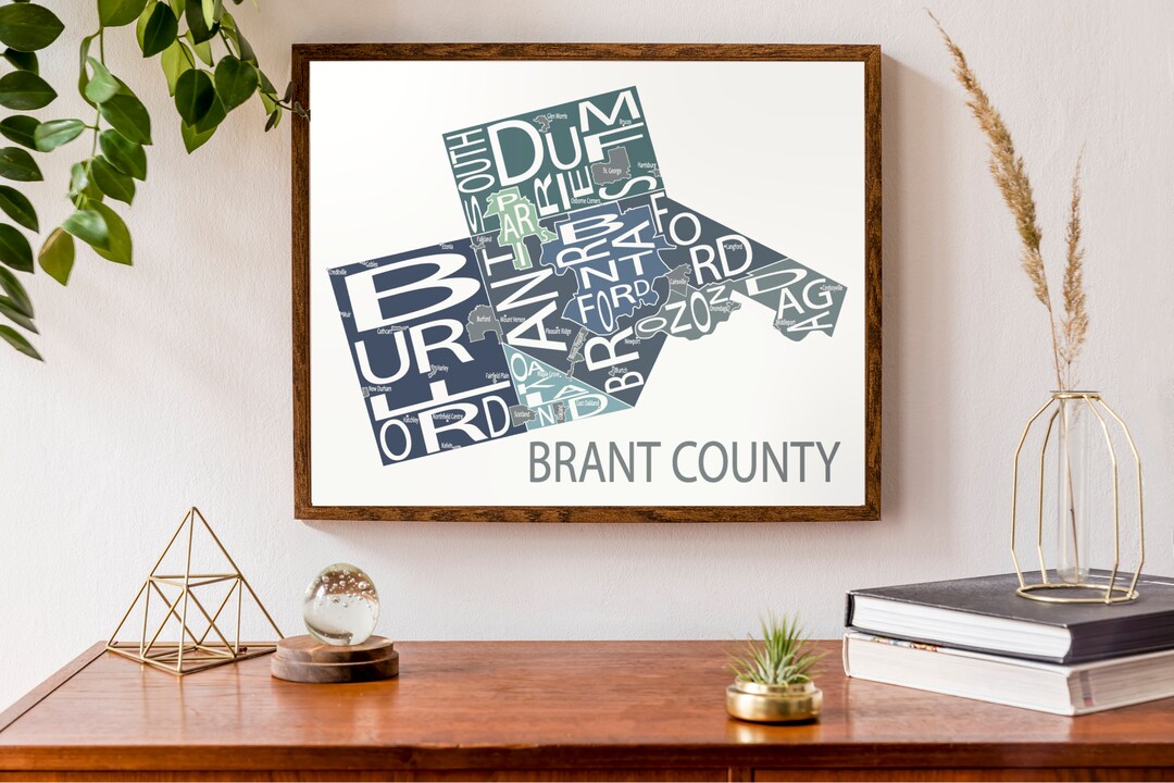 Typographic Map of Brant County | County Map Print | Ontario Map Poster ...