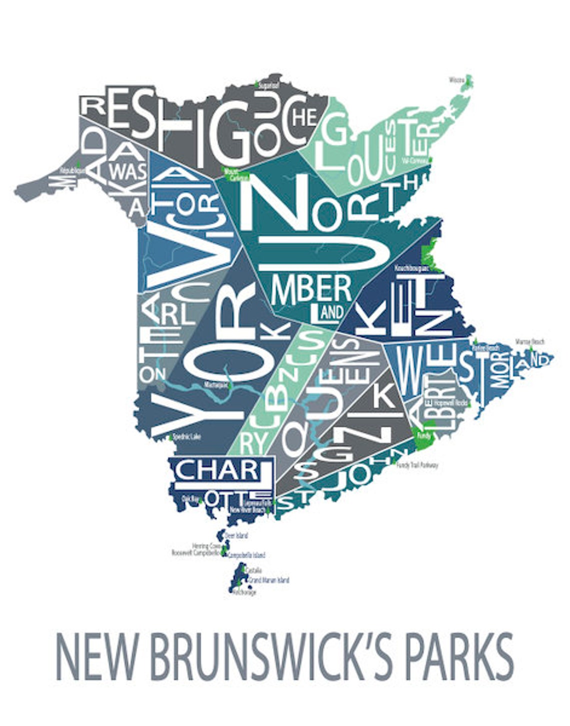 Typographic Map of Parks in New Brunswick | New Brunswick Parks Map ...