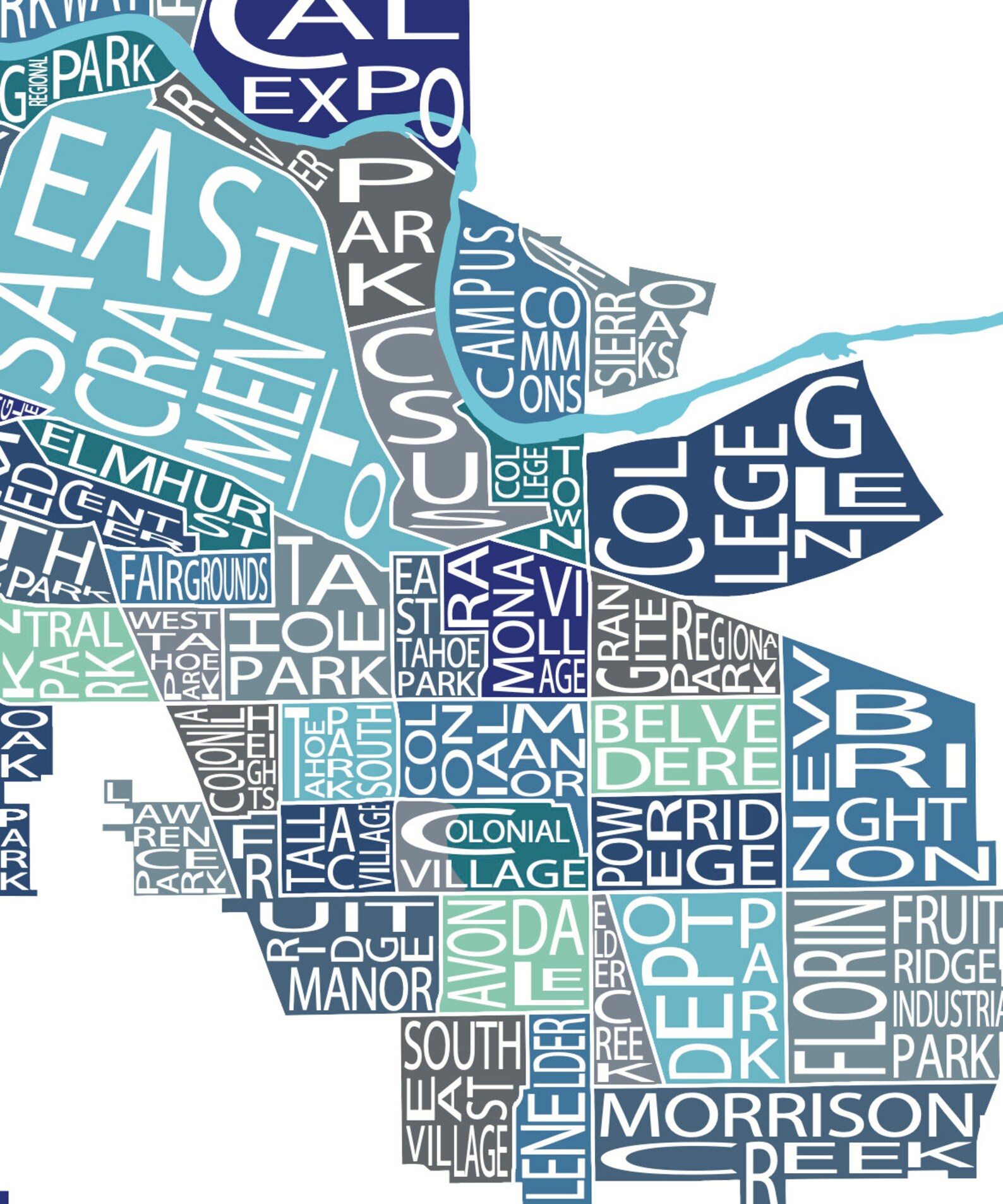 Typographic Map Sacramento in California | Neighborhood Map | City Map ...