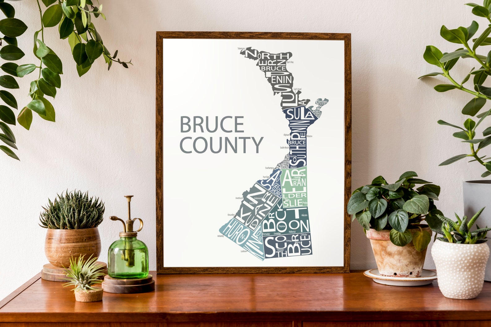 Typographic Map of Bruce County, Ontario | County Map Print | Lake ...