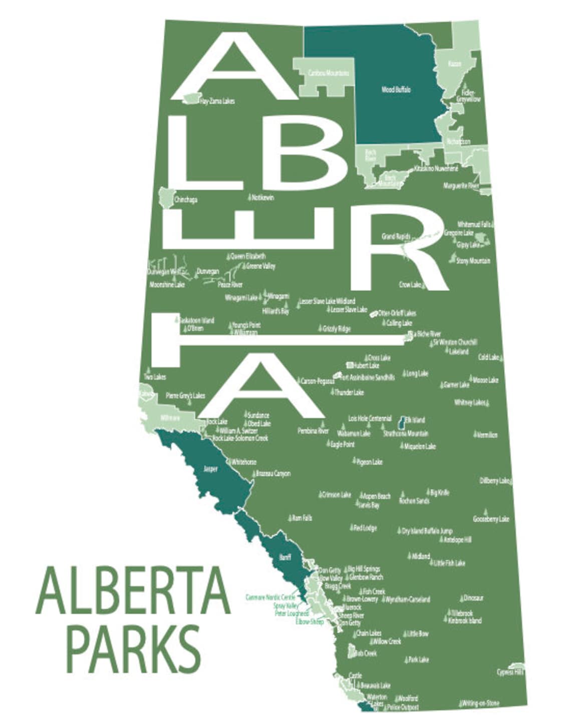 Typographic Map of Parks in Alberta Alberta Parks Map | Etsy Canada