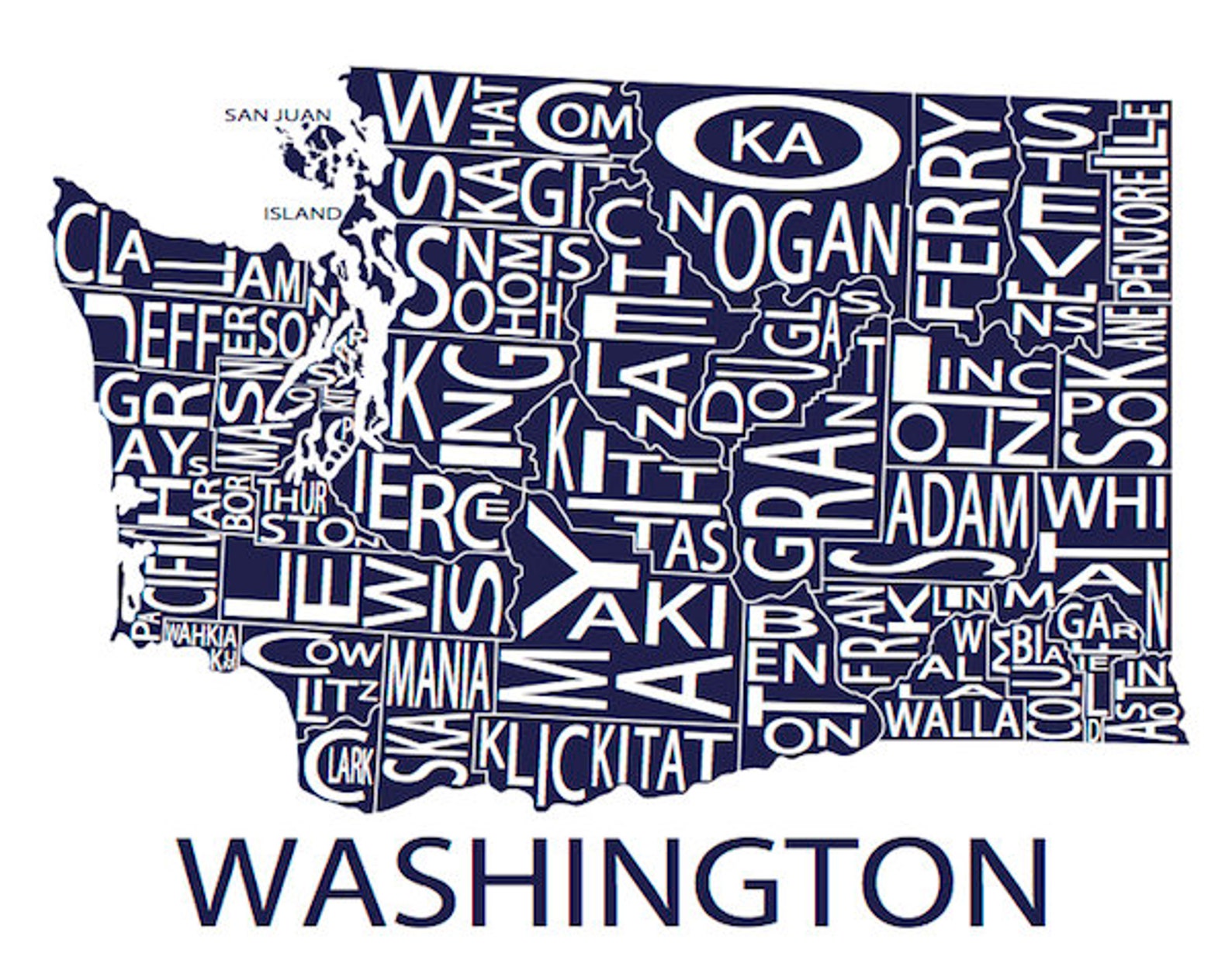 Typographic Map of Washington State WA State Map USA Map - Etsy