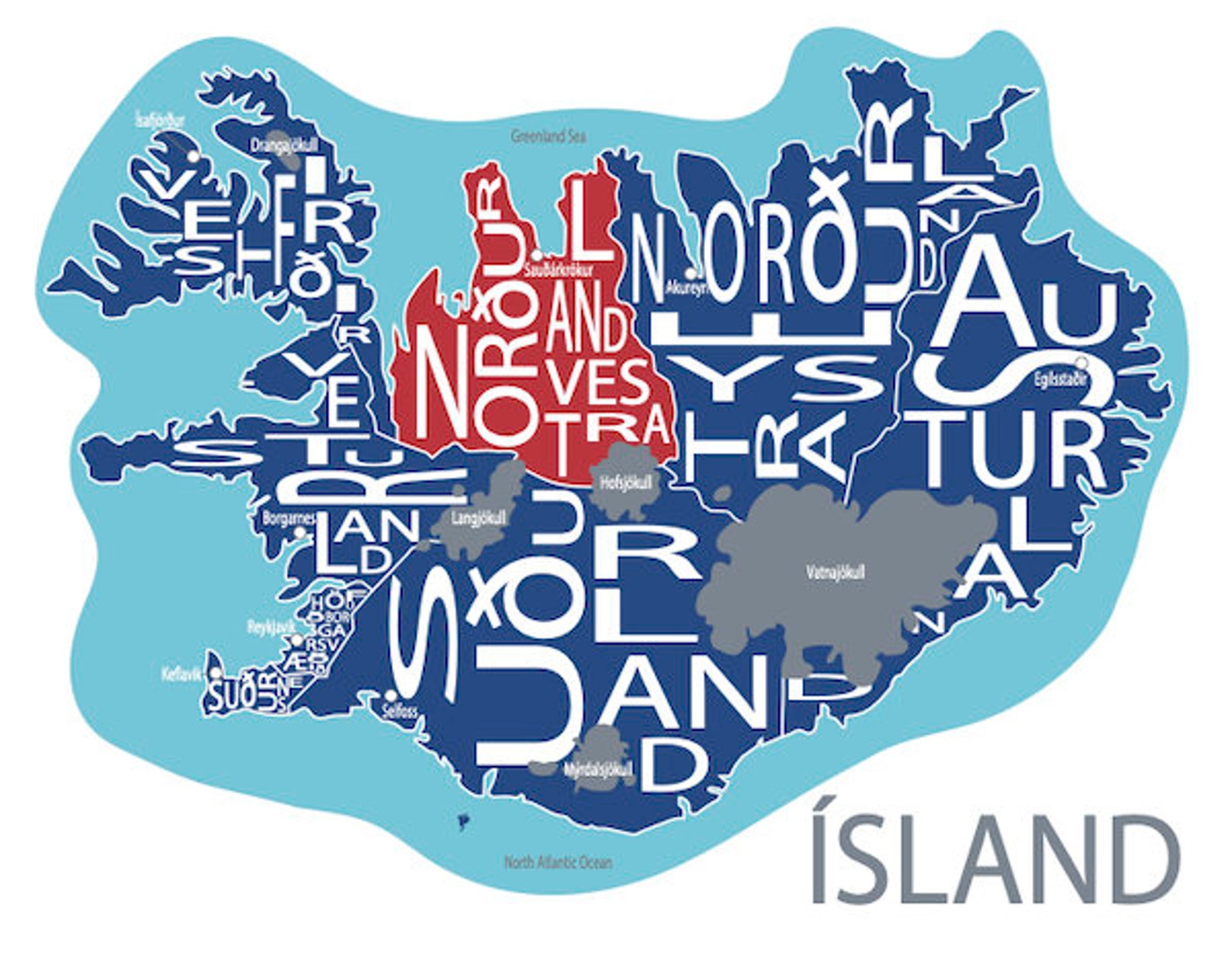 Typographic Map of Iceland | Ísland Map | Country Map Print | Custom ...