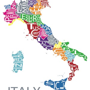 Typographic Map of Italy | Italian Republic Map | Mediterranean Map ...