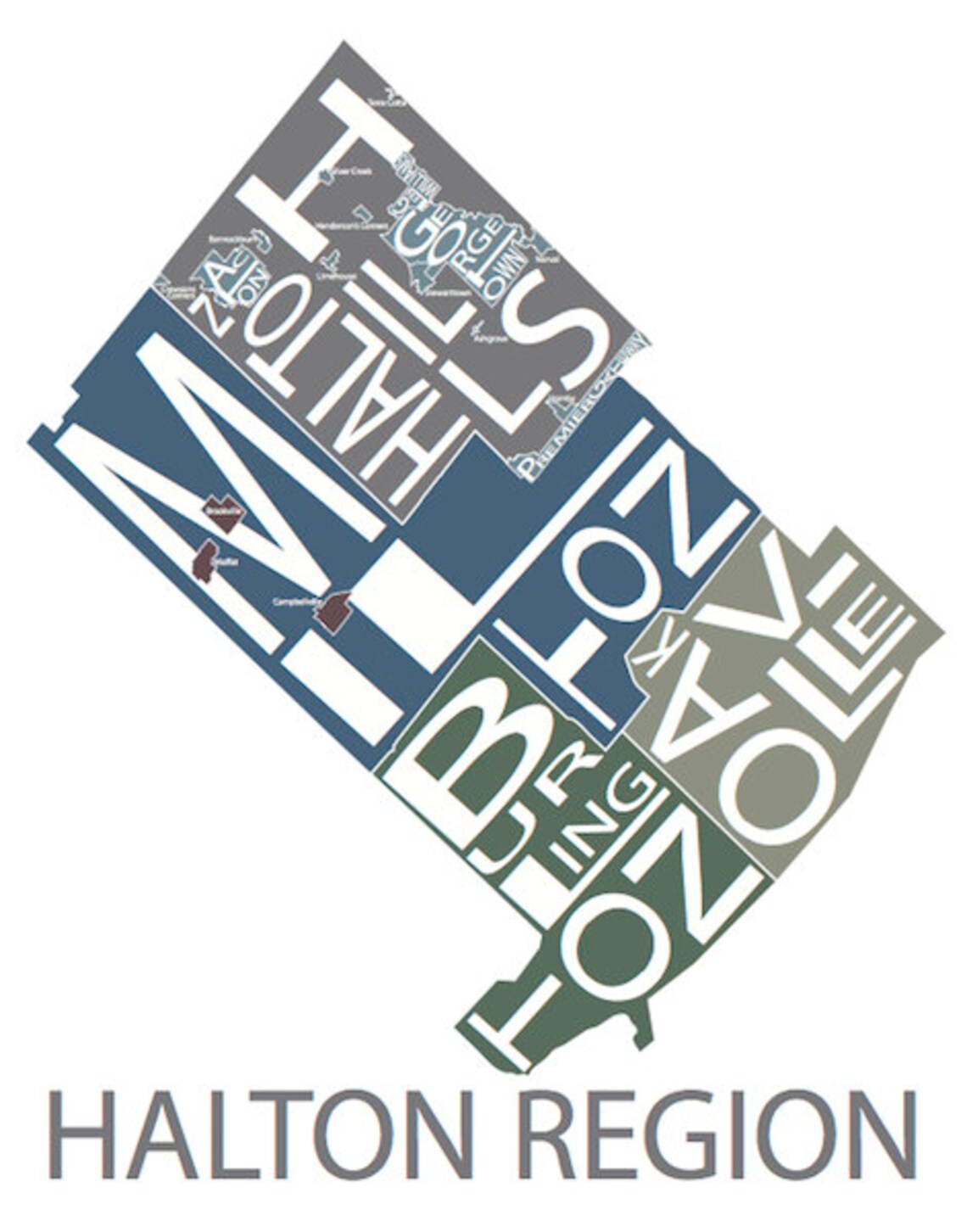 Typographic Map of Halton Region Ontario Burlington Halton | Etsy