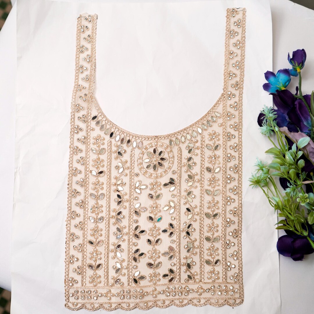 Beaded Neck Applique Patch | Gold Mirror Work Embroidered Neckline ...