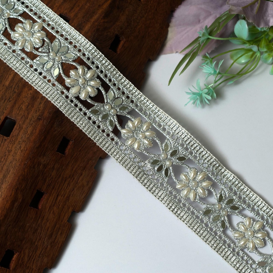 Silver Gota Cutwork, White Pearl Moti & Mirror Work Lace Trim: Bridal ...