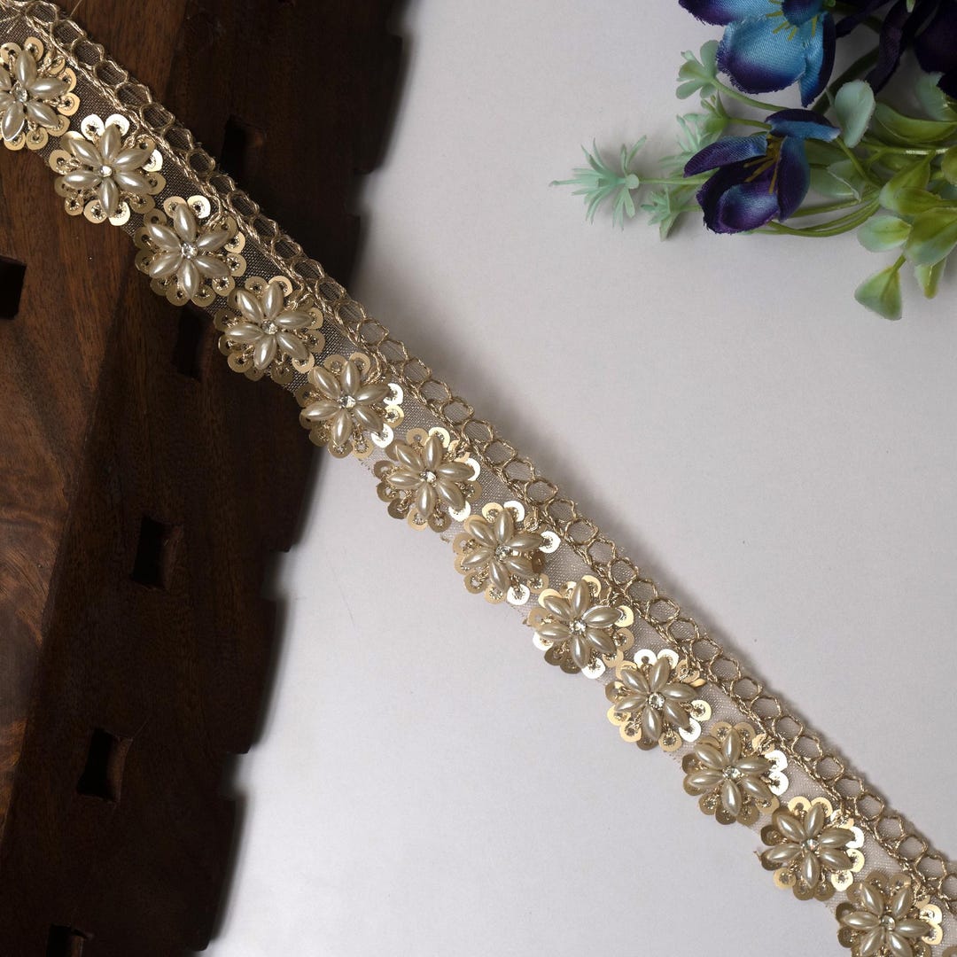 Gold Pearl Flower Lace Trim - Embroidered Floral Sequin Border ...