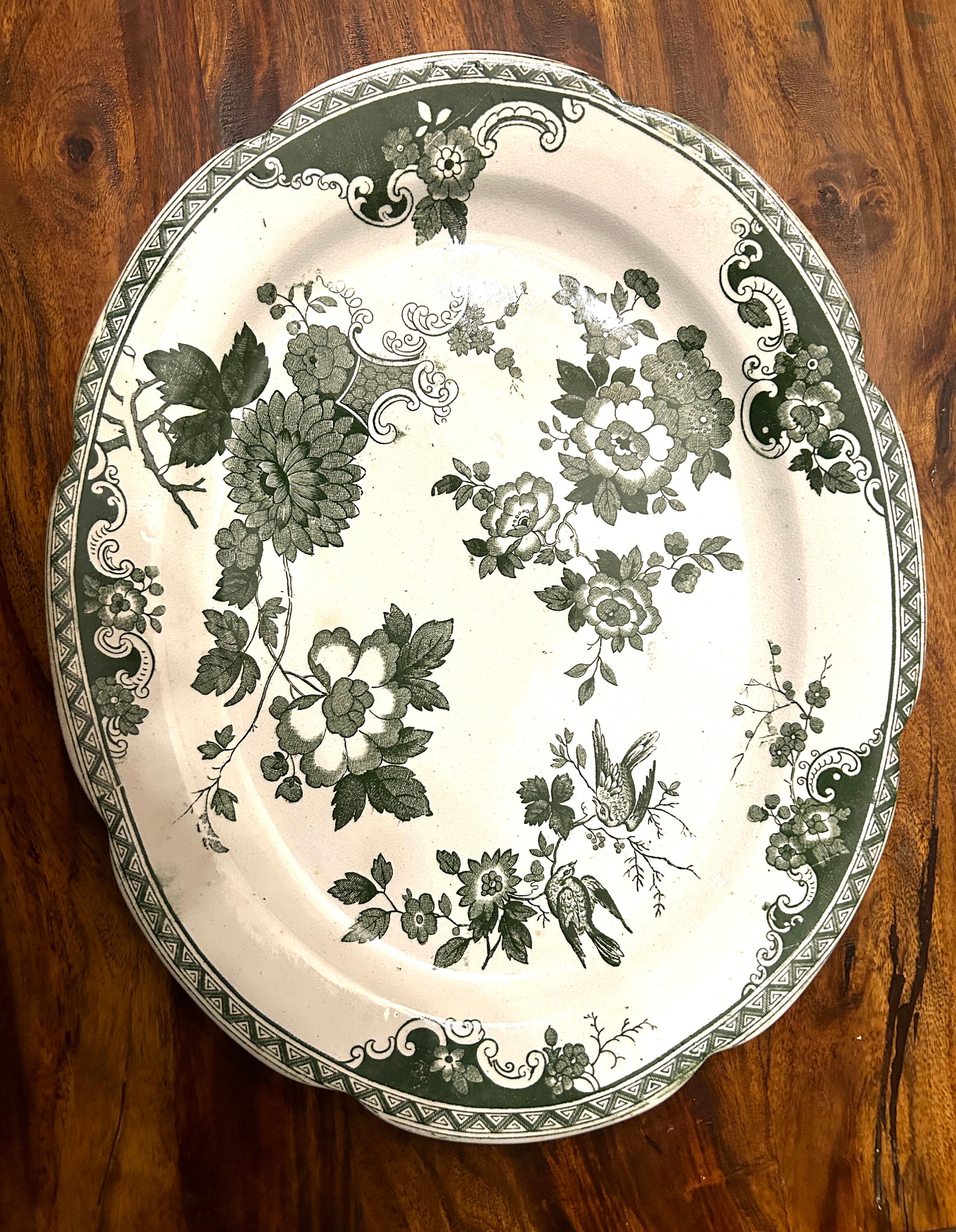 RARE Belleek Irish Earthenware Platter, Black Mark Green Asian Motif ...