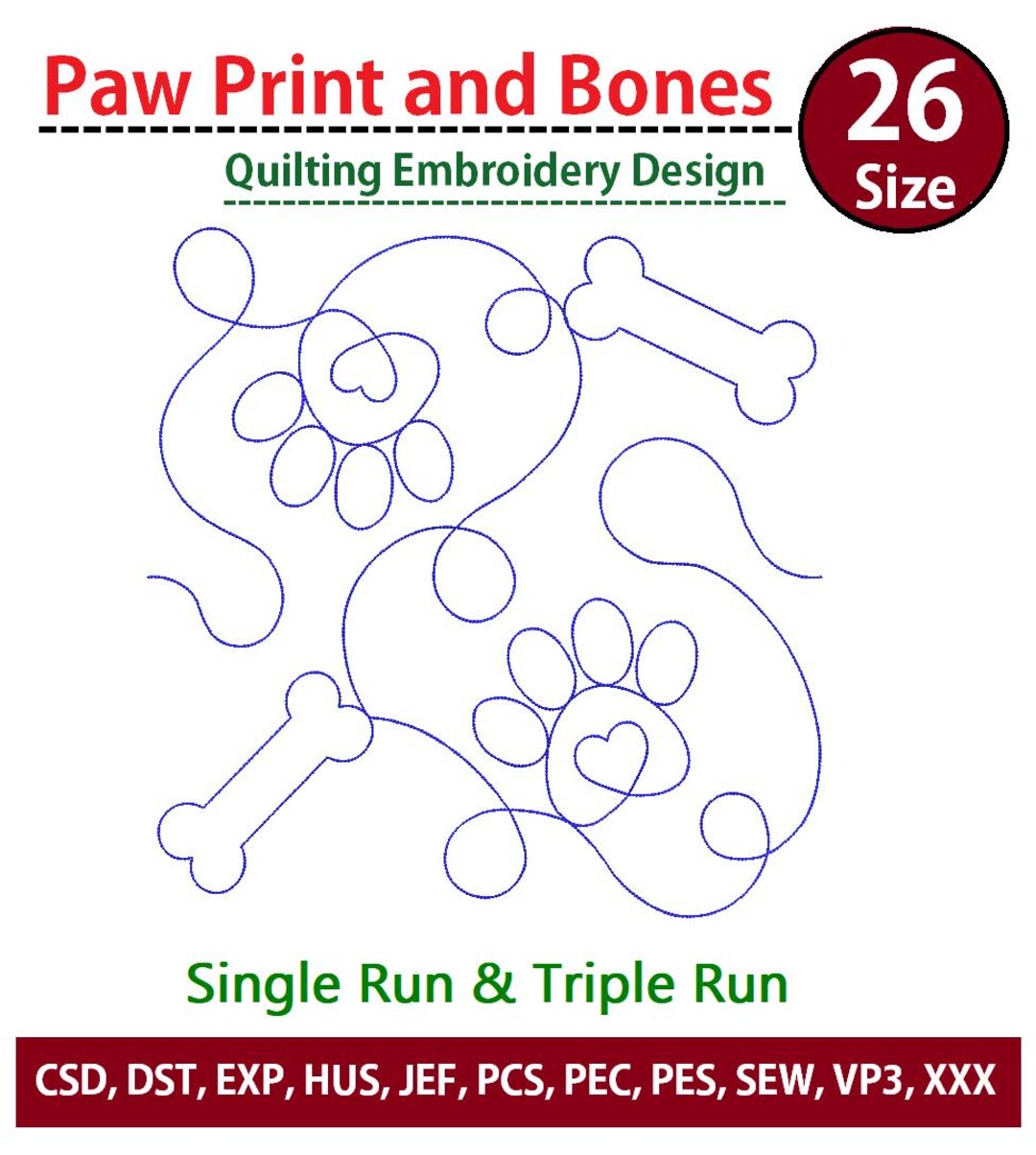 Paw Print & Bone Quilt Embroidery Design, Paw Print and Bone Continuous ...