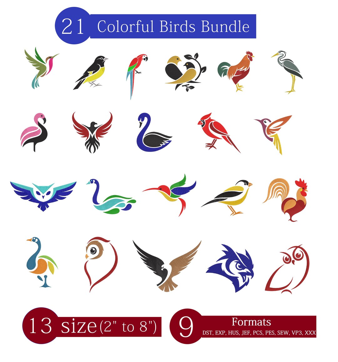 Mini Birds Embroidery Designs, Colorful Birds Machine Embroidery ...