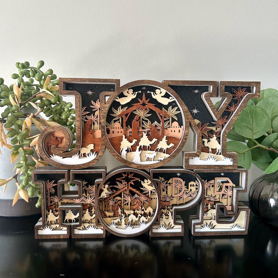 Layered Nativity “joy” & “hope” Signs | 3D Wood Decor | Christian ...