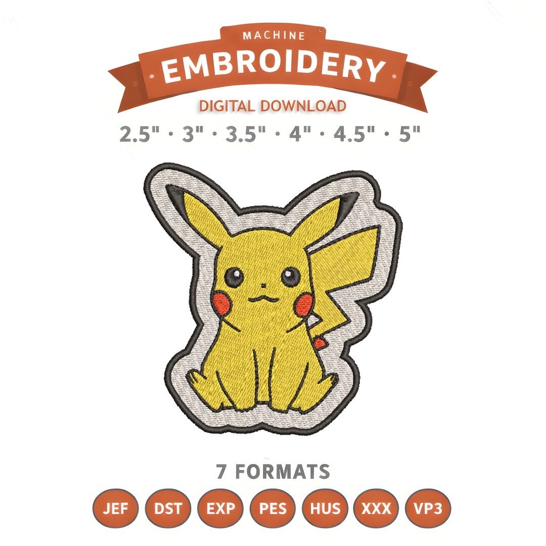 Pikachu Pokémon Embroidery Design File | Digital Download | 6 Sizes & 7 ...