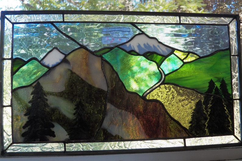 Mountain Scene in Stained Glass With Kiln Fired Painted Trees - Etsy