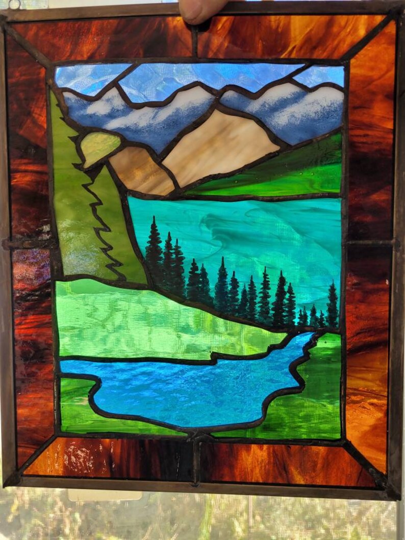 Stained Glass Mountain With Lake and Stream - Etsy