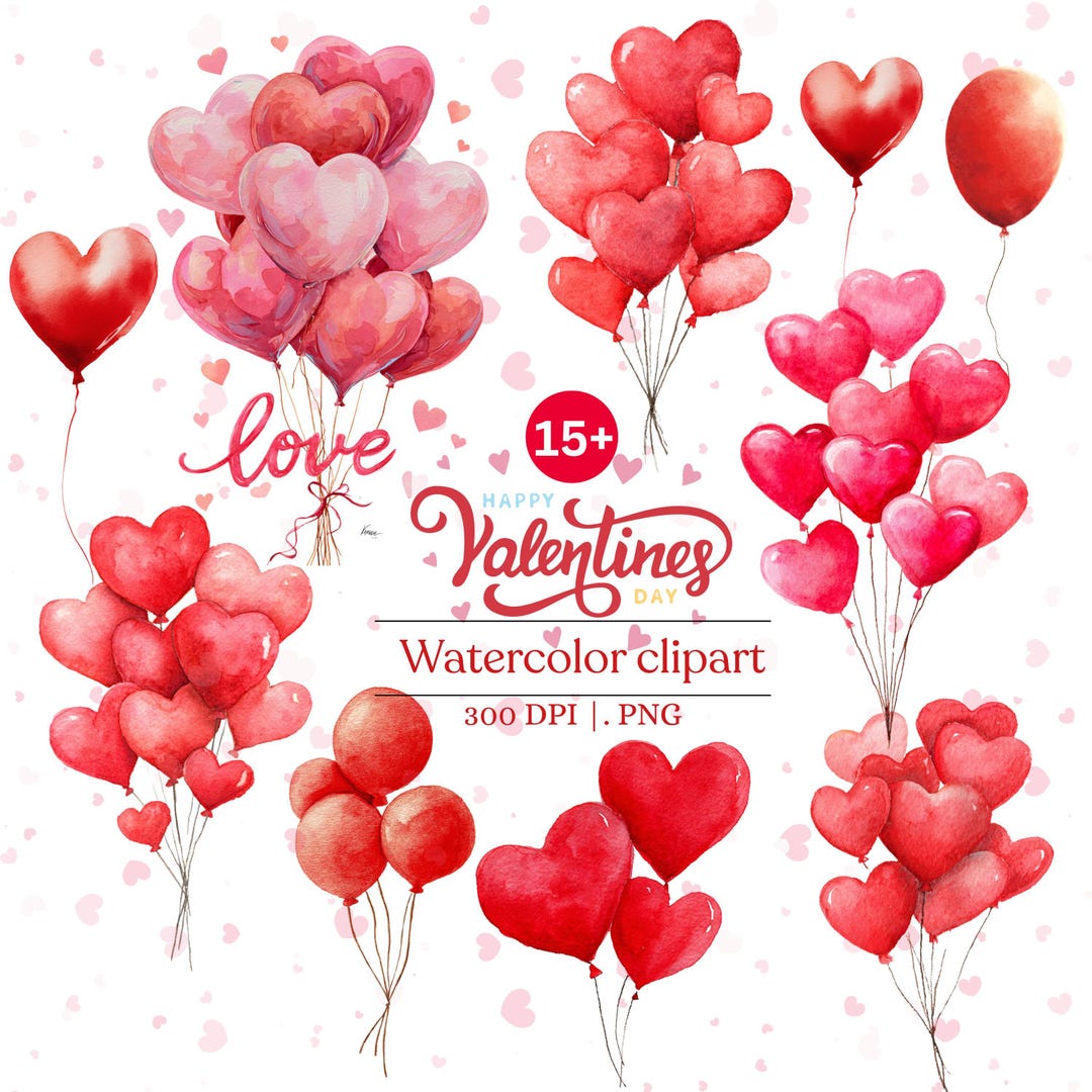 Watercolor Valentine Hearts Clipart PNG Bundle, Romantic Love Heart ...