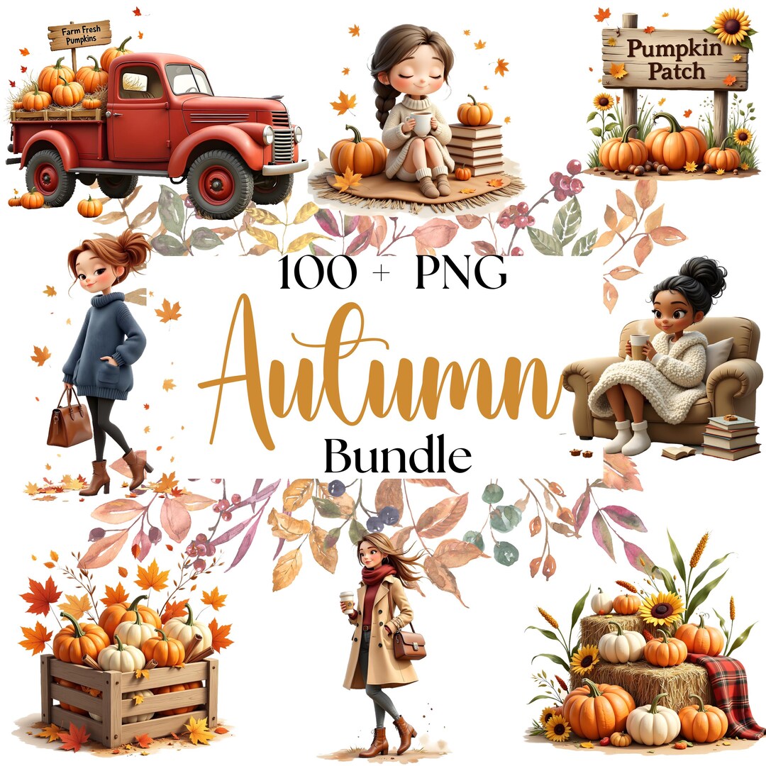 Cozy Fall Clipart Bundle: Pumpkins, Leaves, Mugs (PNG, Commercial Use ...