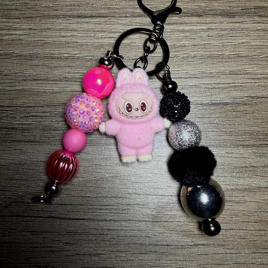 Handmade Imitation Standing Labubu Pink and Black Keychain - Etsy