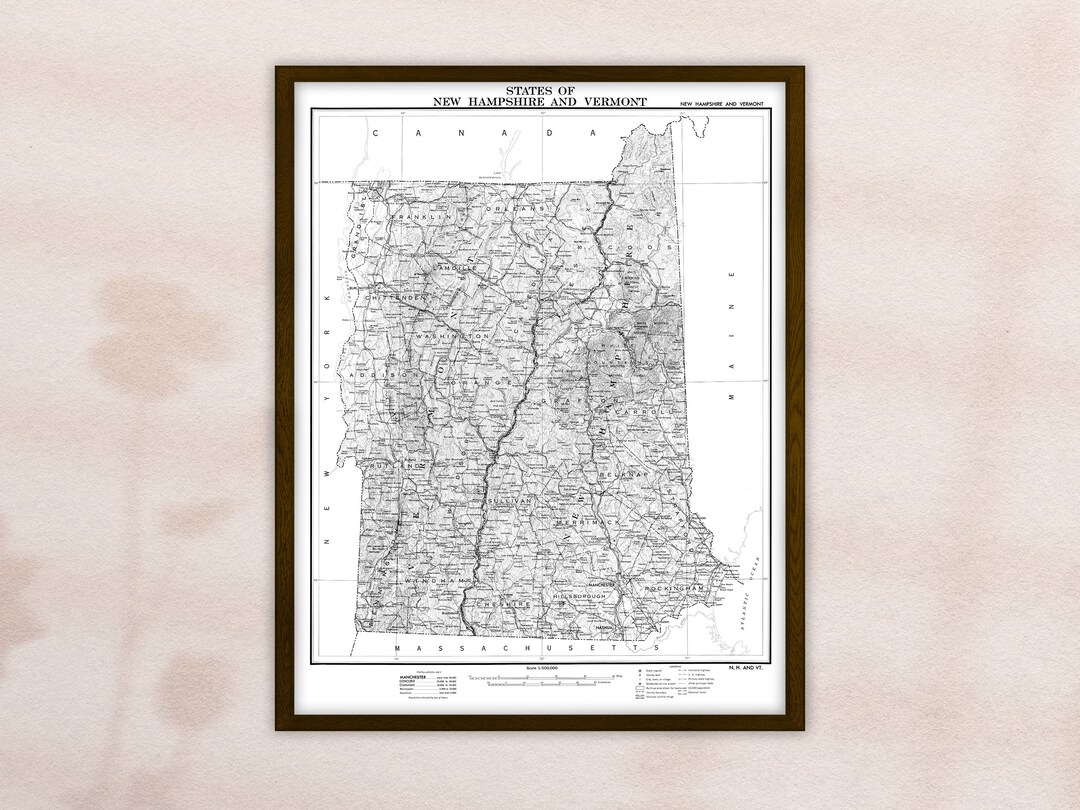 Vermont and New Hampshire State Map Print - Vintage Map Reprint ...