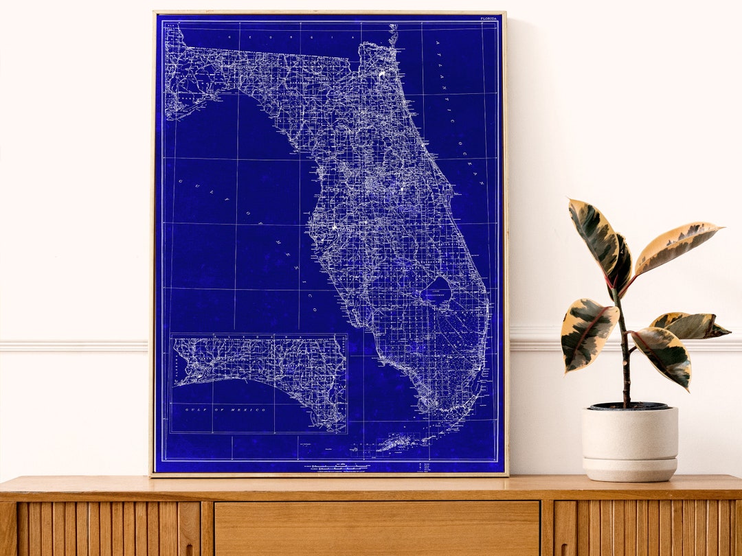 Florida Map Print - Vintage Map Reprint - Blueprint State Poster - X ...