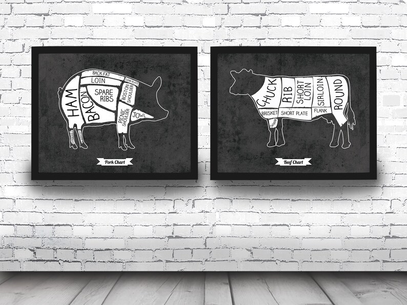 Black and White Butcher Charts Pork and Beef Meat Cuts - Etsy