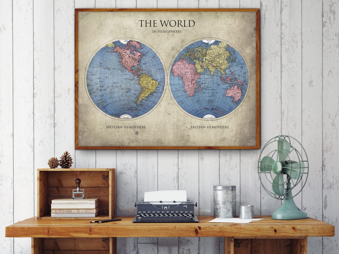 World in Hemispheres Map - World Map Poster - Vintage Globe Map Reprint ...
