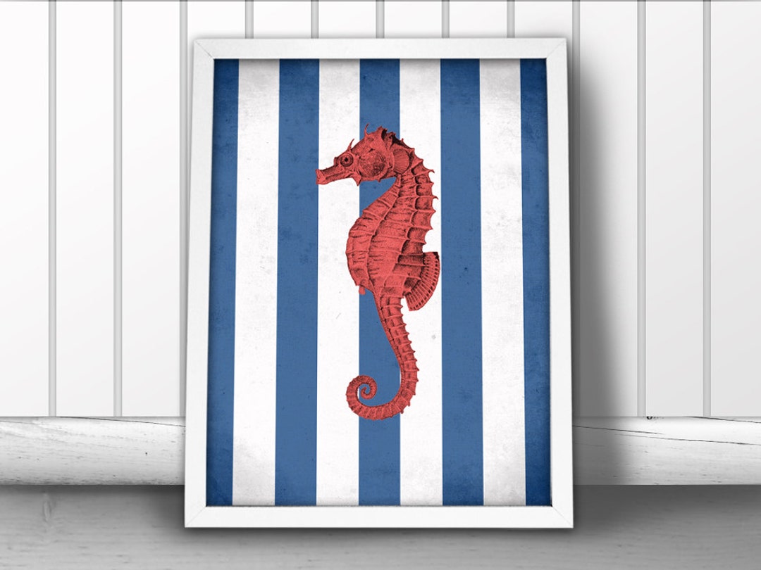 Seahorse Art Print Striped Background Nautical Art Print Seahorse ...