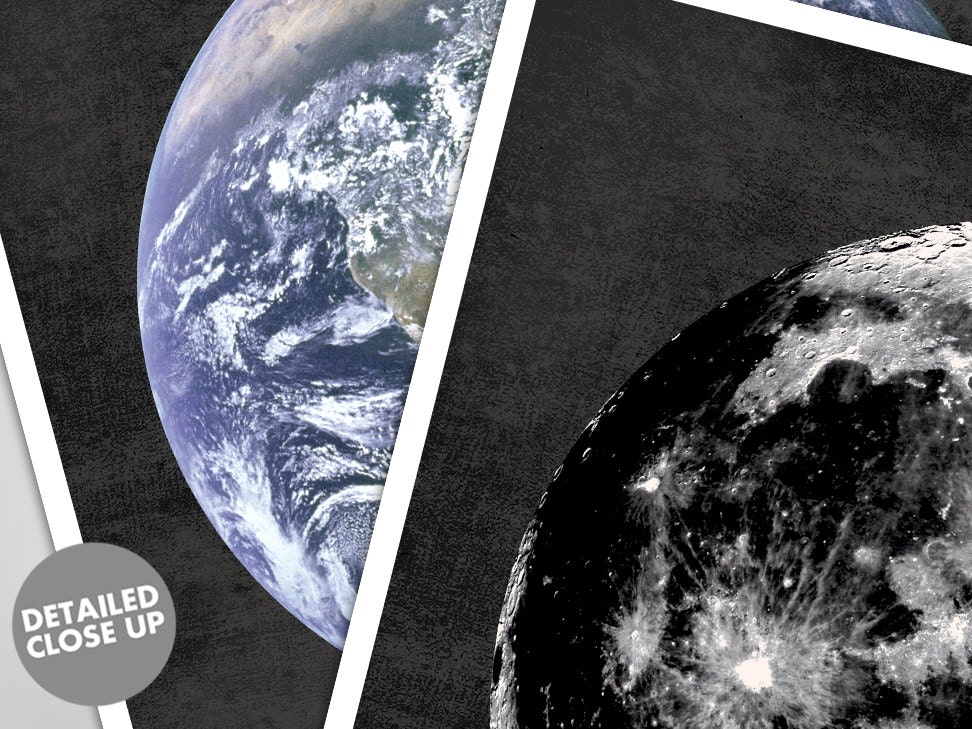 Earth and Moon Print Set - Full Moon Poster - Planet Earth Art Print ...