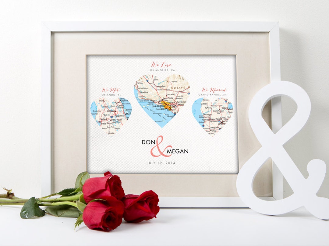 Personalized Engagement Gift Map With 3 Heart Locations Print Wedding ...