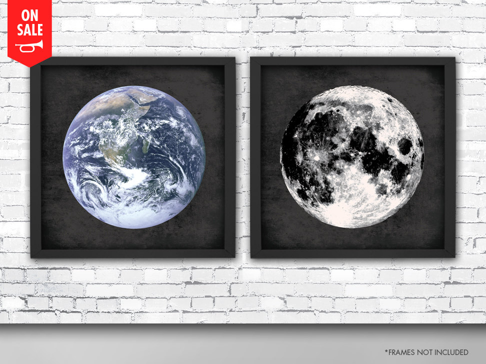 Earth and Moon Print Set Full Moon Poster Planet Earth Art - Etsy