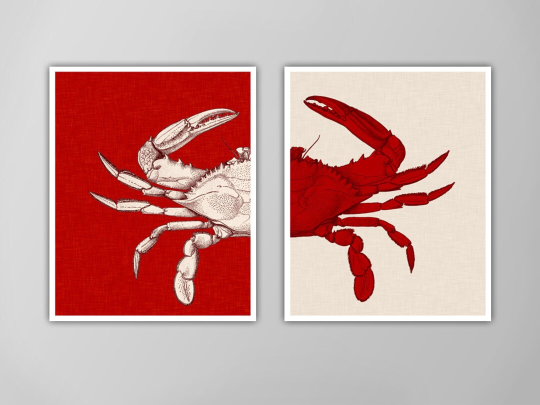 Red Crab Print Set - Nautical Art - Linen-textured - 2 Pieces Included ...