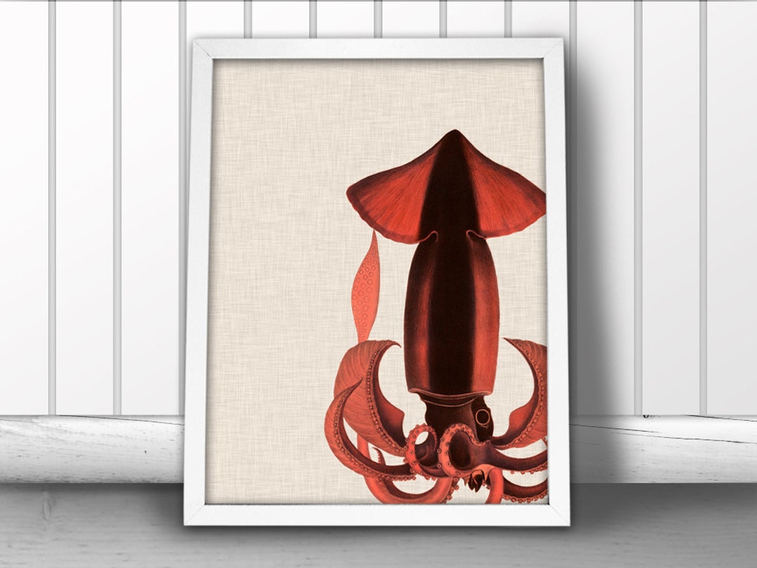 Offset Squid Poster - Nautical Art Print - Giant Squid Print - Coastal ...