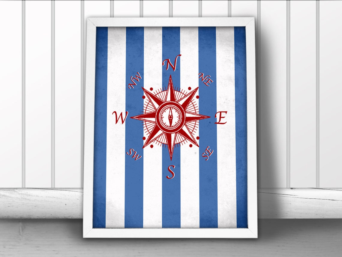 Nautical Compass Art Print With Striped Background Nautical - Etsy