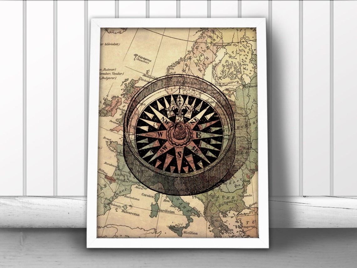 Compass Art Print - Nautical Map Print - Nautical Wall Art - Compass ...