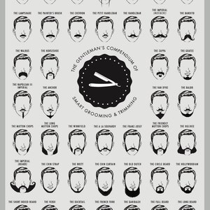 Beard and Mustache Chart - Facial Hair Art Print - Barber Shop Decor ...