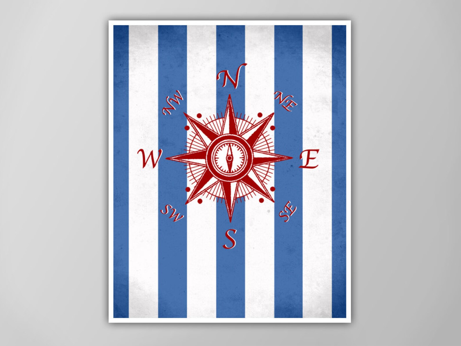 Nautical Compass Art Print With Striped Background Nautical - Etsy