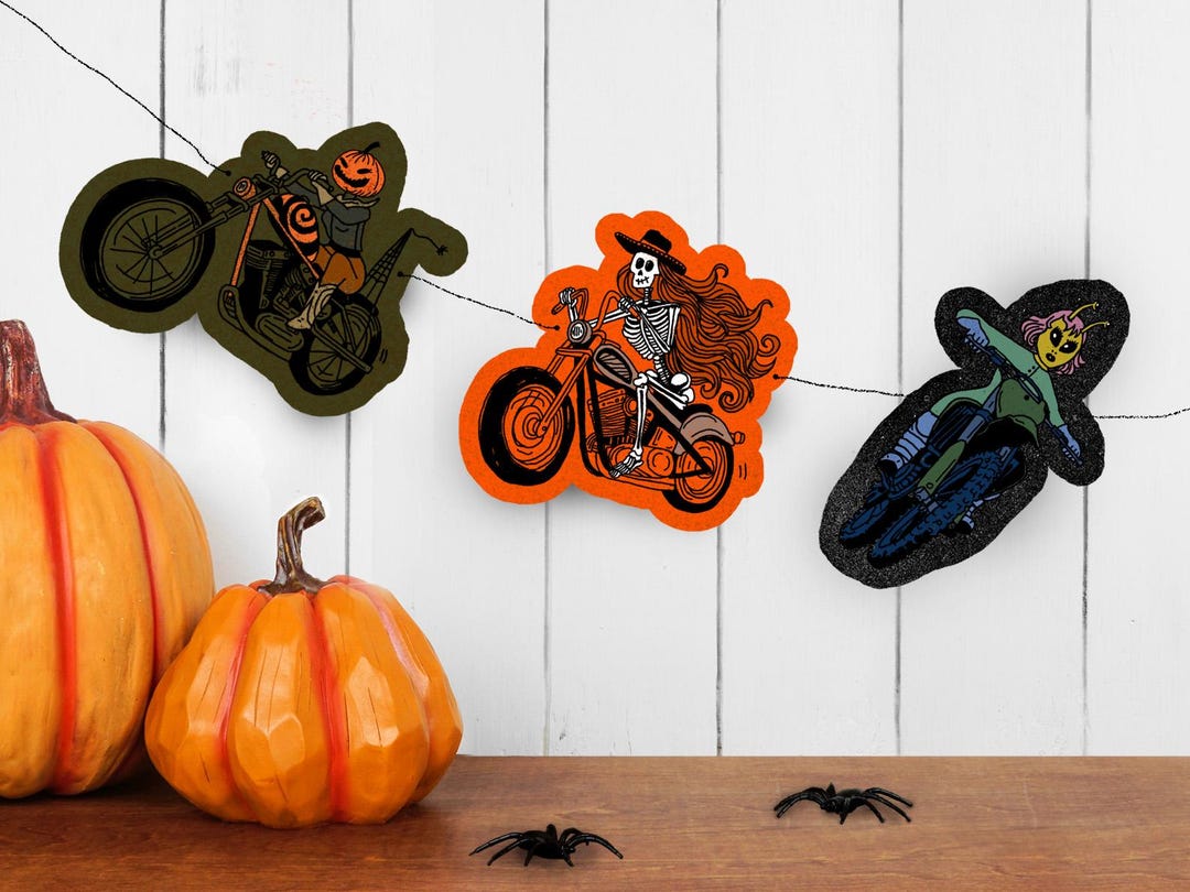 Halloween Motorcycle Garland | Retro Spooky Biker Decor | Hand-drawn ...
