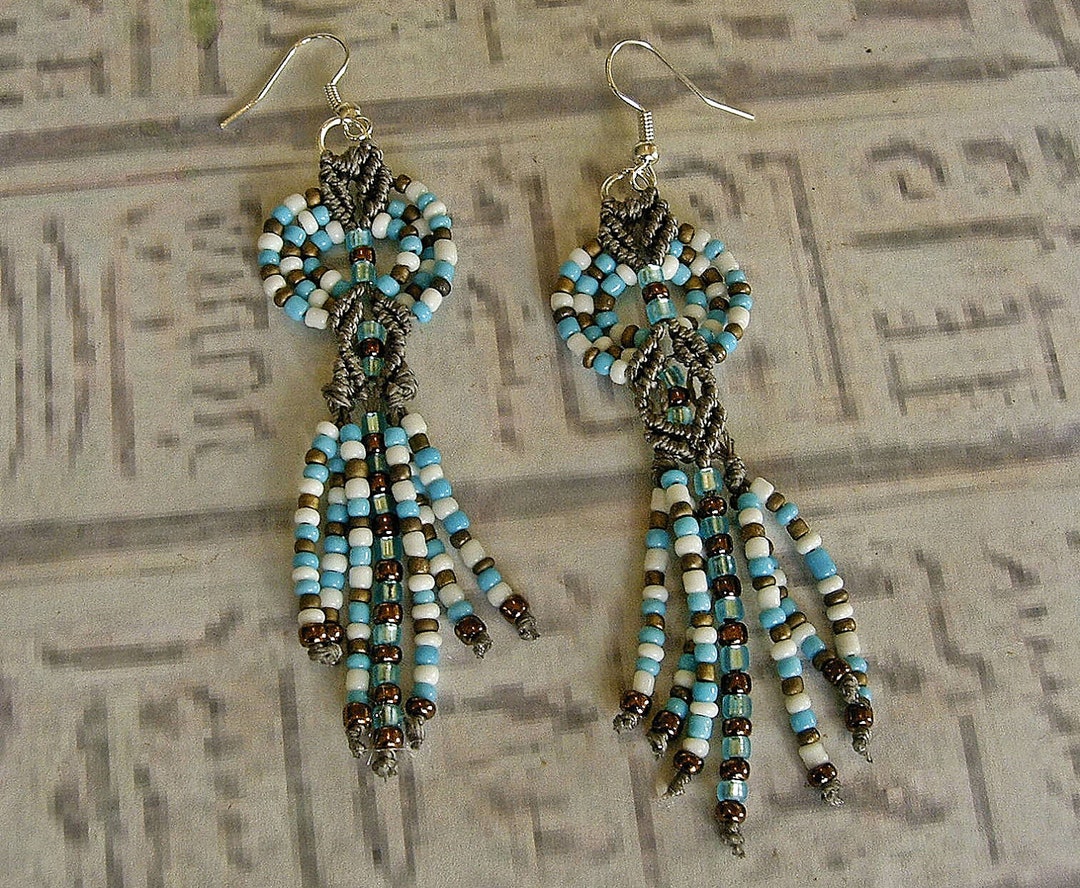 Micro Macrame Earrings in Turquoise Bronze and White Gift for - Etsy