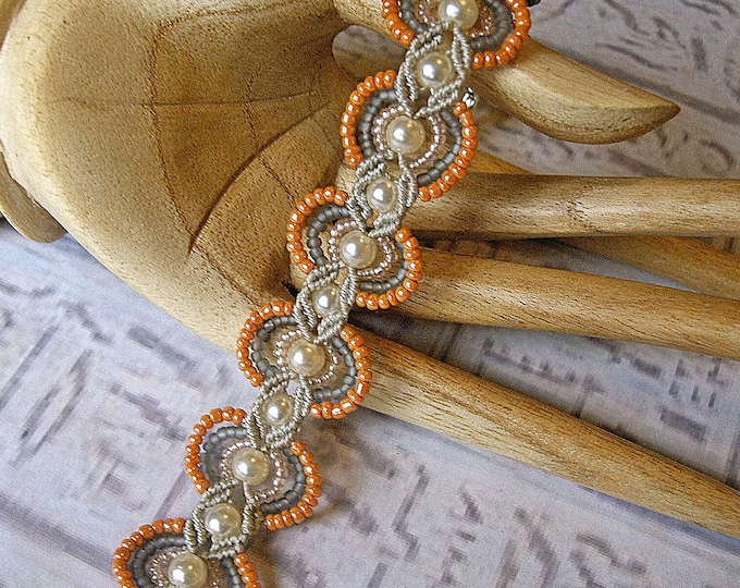 Handmade Micro Macrame Bracelet in Peach Pearls and Silver - Etsy